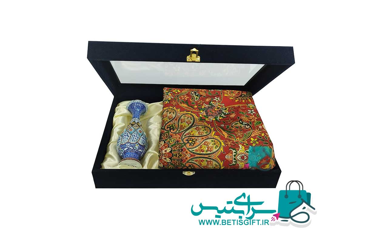 خرید و قیمت ست هدیه گلدان 20 مینا کاری مدل پرداز و ترمه رومیزی با جعبه جیر ترب